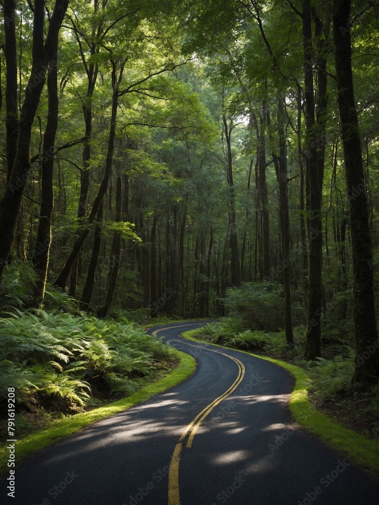 Winding road cuts through dense, lush forest, with sunlight filtering ...