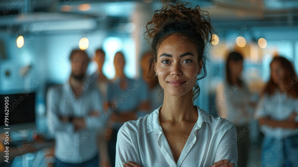 Smiling female designer leading a design workshop explains something ...