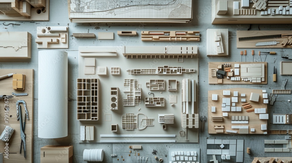 Wooden model buildings on a table. Perfect for architecture and ...