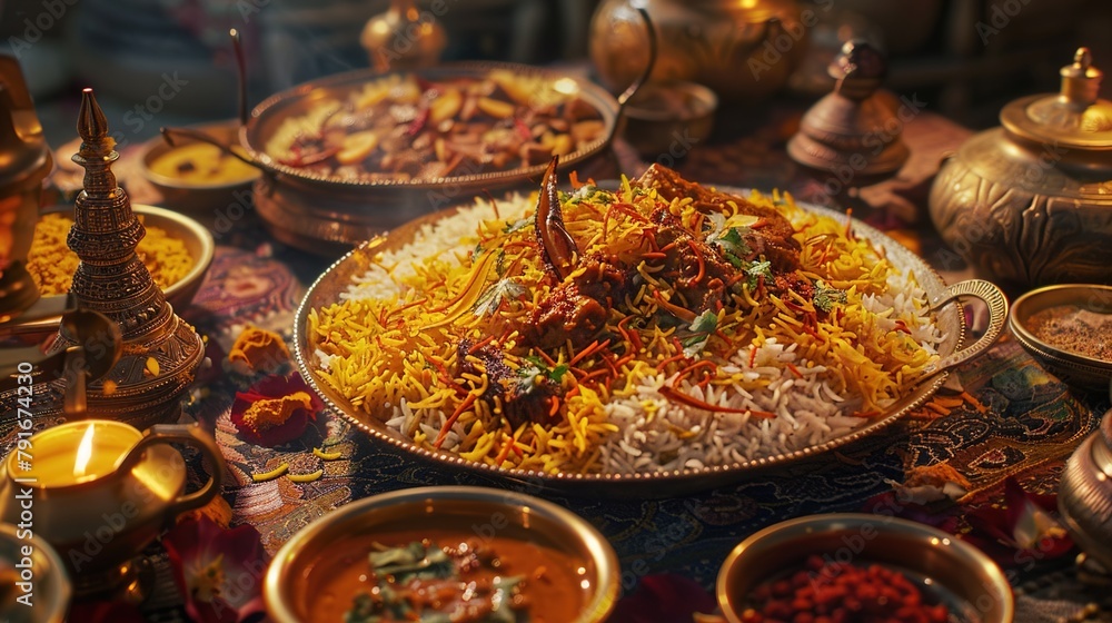 a table set with a colorful arrangement of Biryani, showcasing layers ...