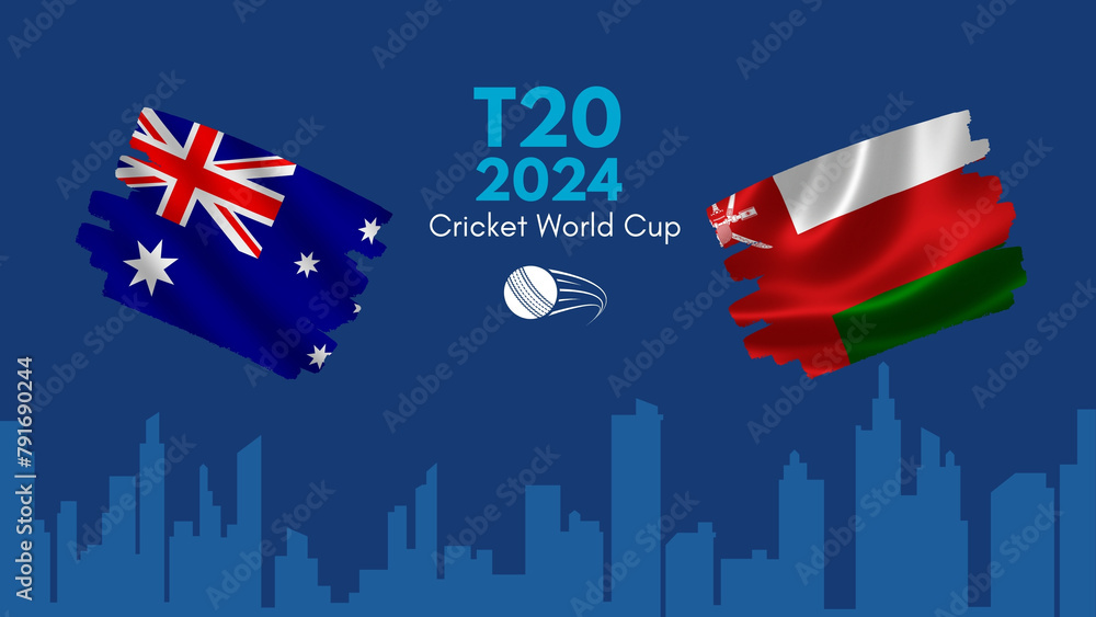 Australia vs Oman flag, world map, and building skyline used for t20 ...