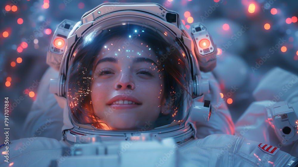 beautiful smiling female astronaut, in space, wearing a space helmet ...