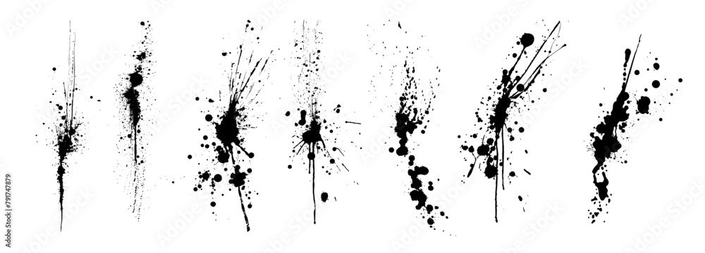 Dynamic Black Ink Splashes Set on White Background. Collection of high-contrast black ink ...