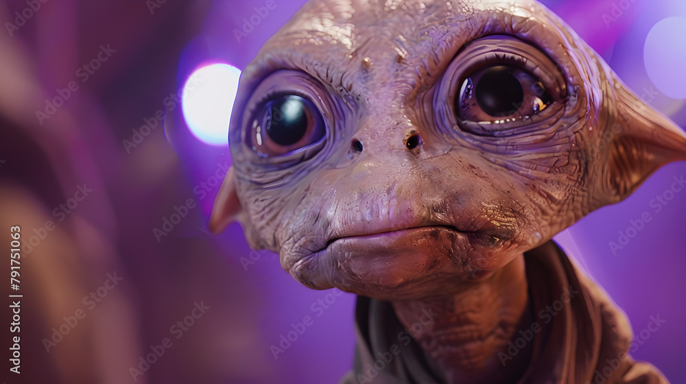 Epic close-up photoshoot of a playful alien character looking directly ...