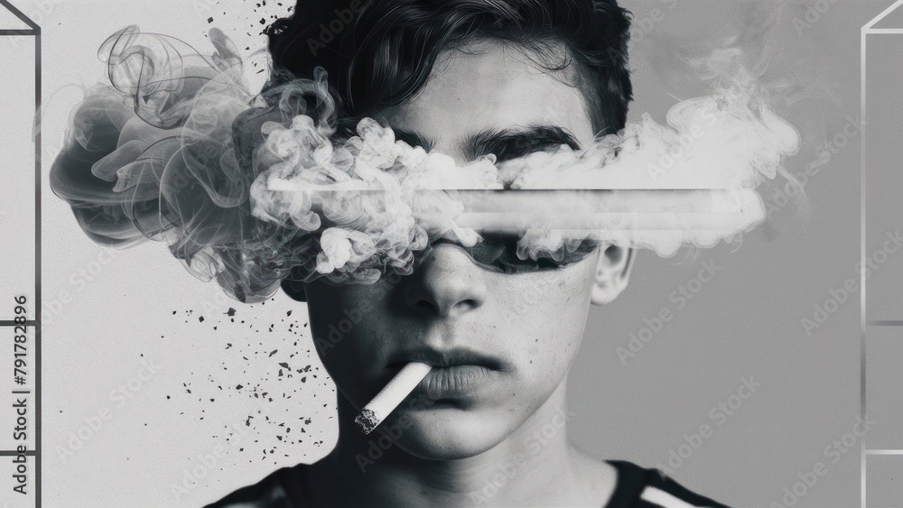 abstract illustration of sad depressed teenage blend with smoke ...