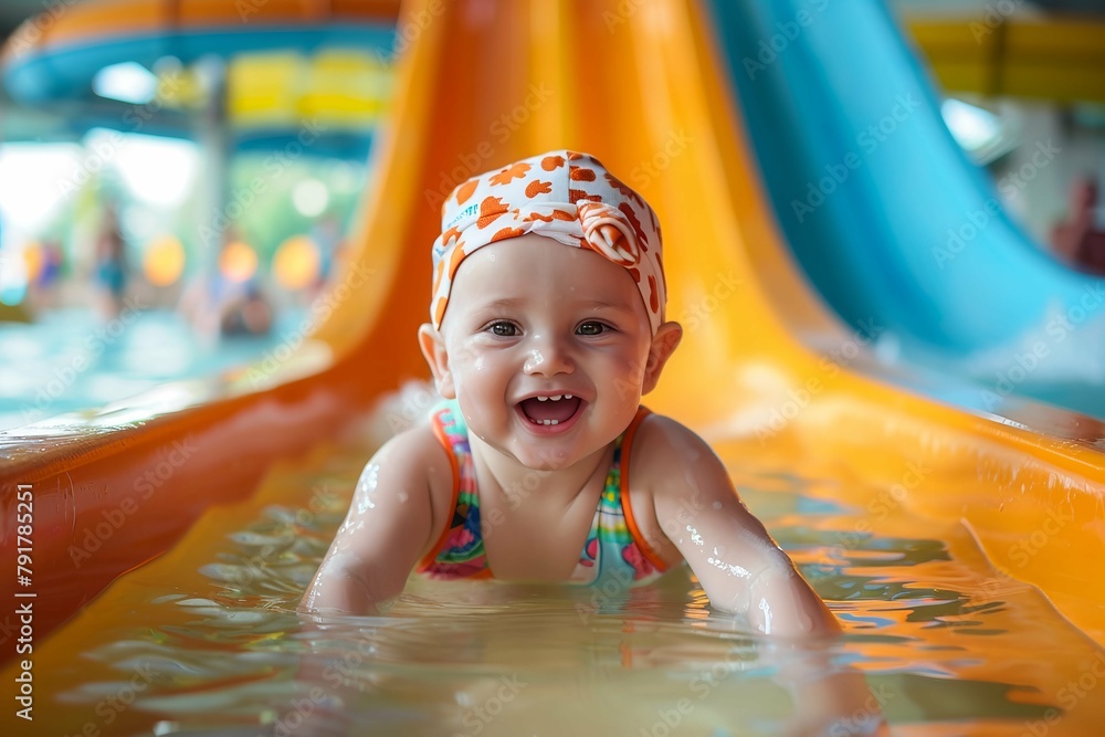 Happy baby on water slide in aqua park. Children having fun on water ...