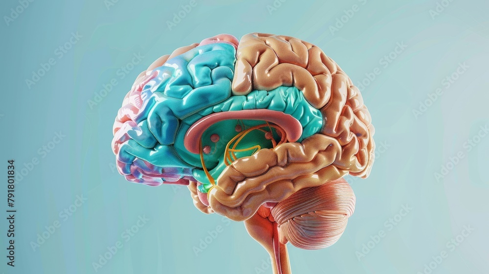 Anatomy of human brain lobes illustrated in colors. Sagittal view of ...