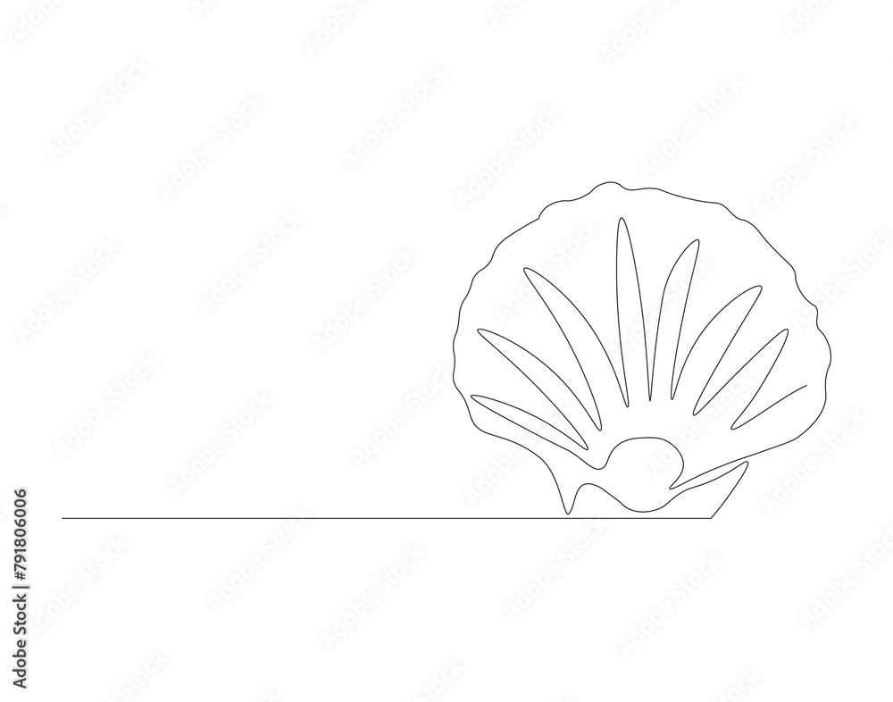 Continuous line drawing of scallop shellfish. One line of shellfish ...