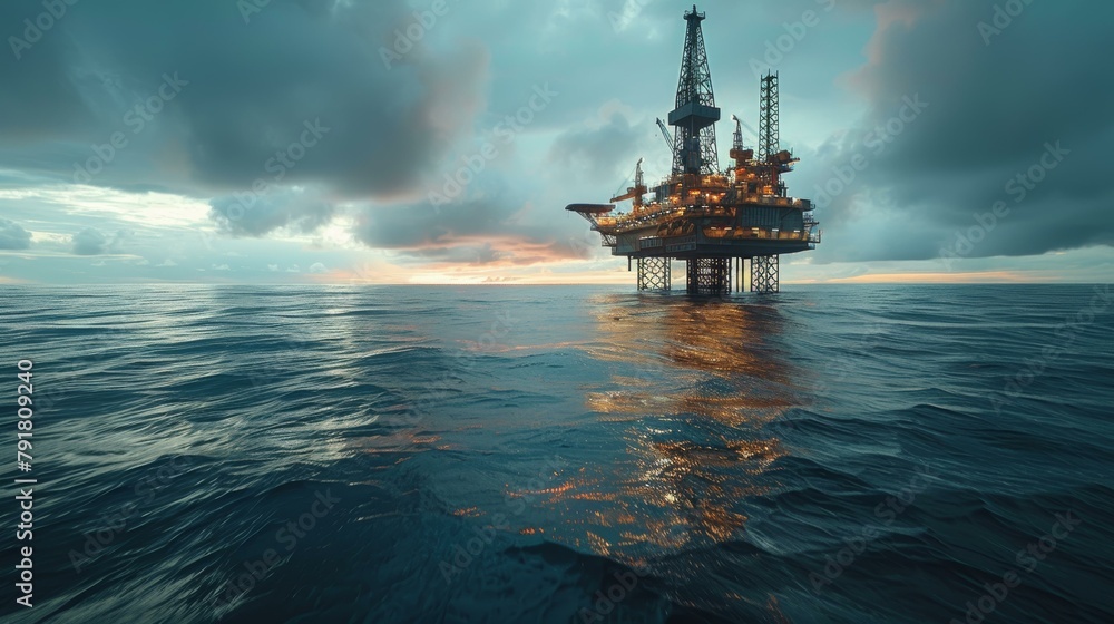 Majestic offshore oil rig under dramatic sunset sky, industrial ...