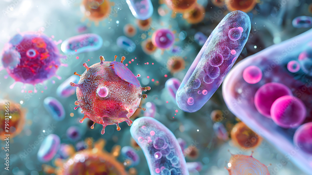 Science and medical microbiology illustration, microscopic of ...