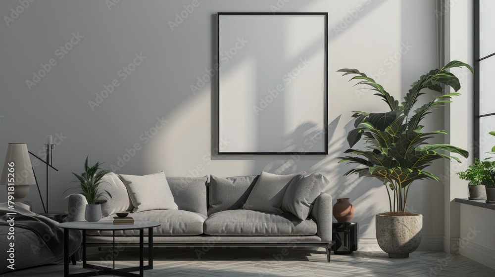 Frame mockup poster reflective glass on the wall of living room. Modern ...