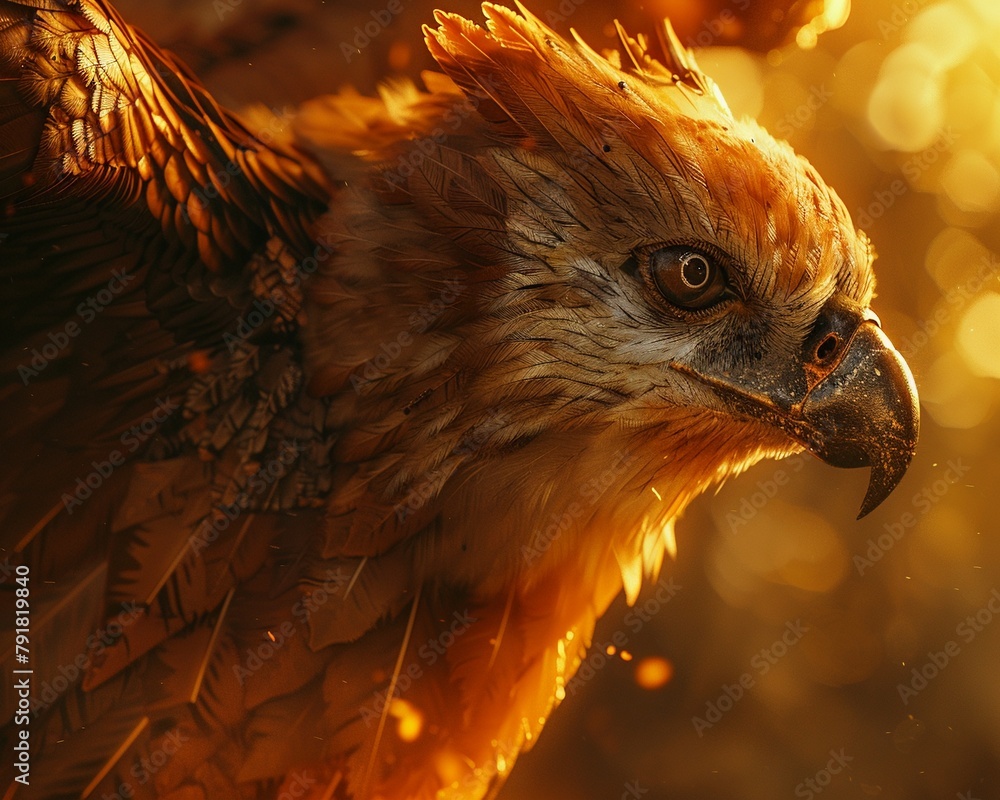 Bioengineered griffin in a sanctuary, sunrise backlight, close-up ...