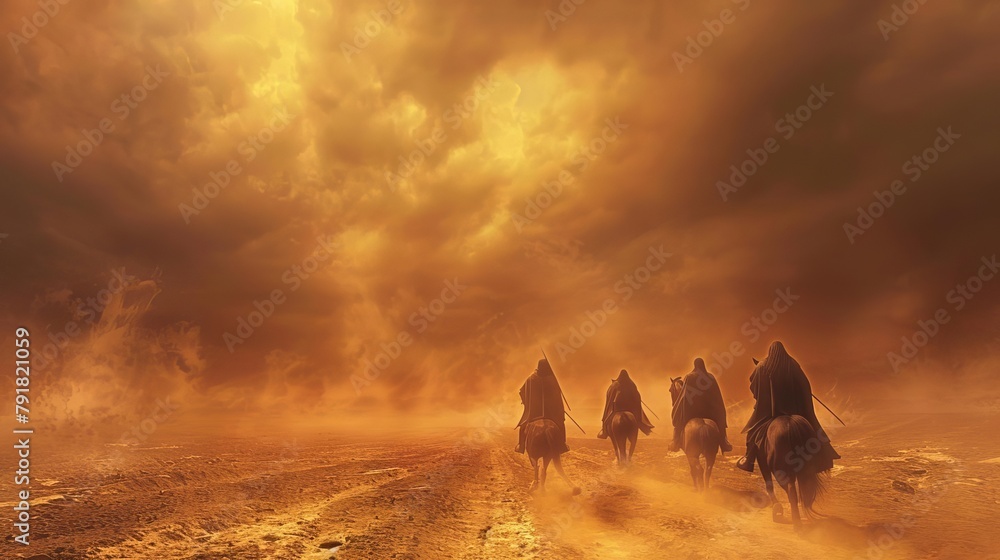 four horsemen of the apocalypse riding through desert landscape ominous ...