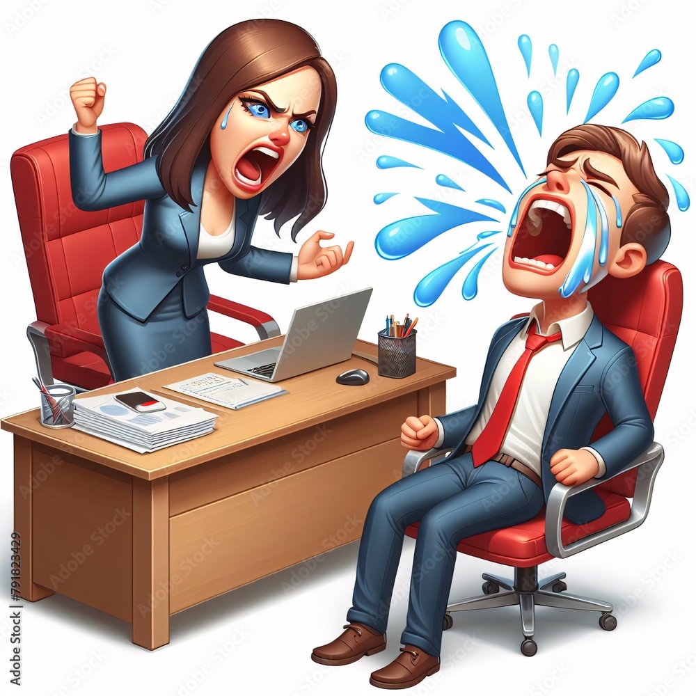 Illustration of a woman screaming at a man in office causing him to cry ...