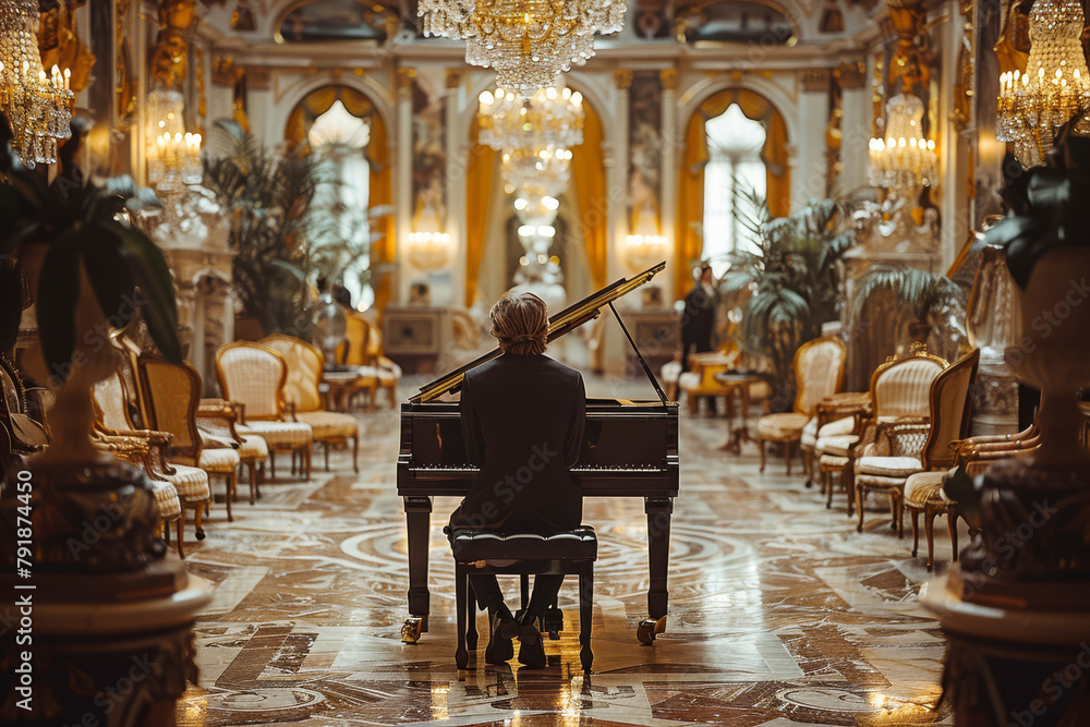Rear view of a professional pianist playing the piano amidst the ...