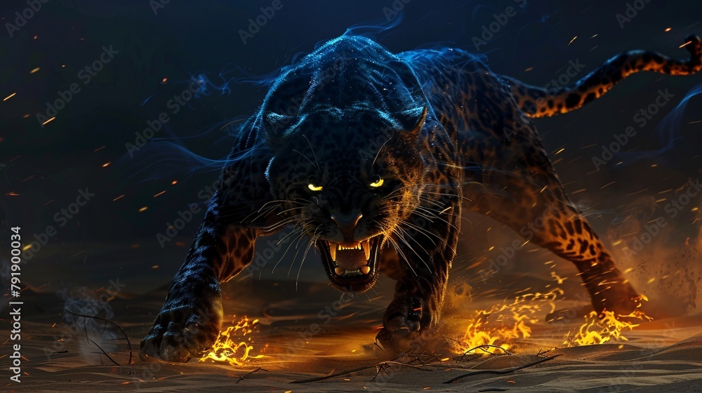 Angry black jaguar with open mouth and fiery mane, Glowing yellow eyes ...