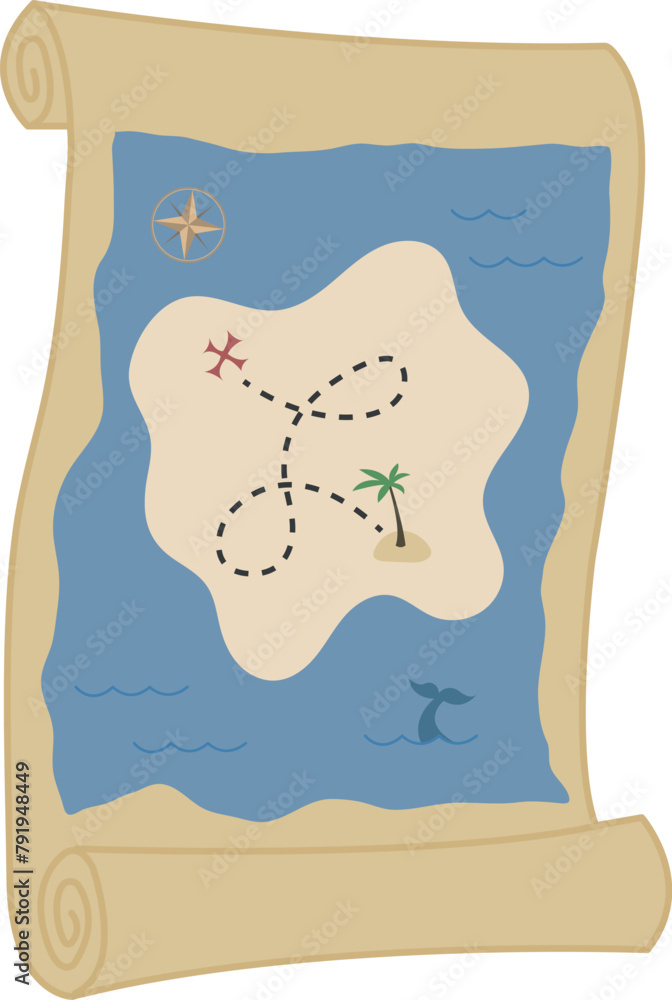 vector flat illustration of treasure map on parchment isolated on ...