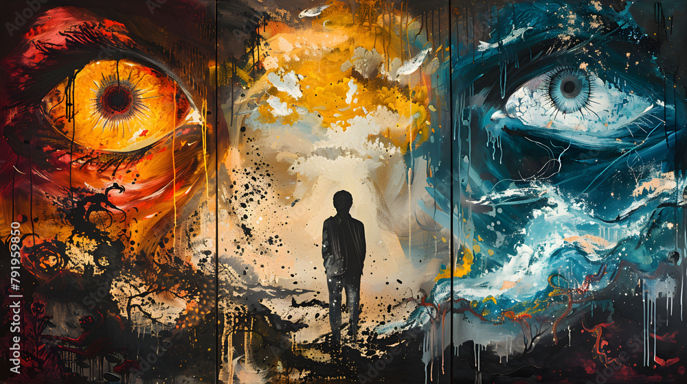 Surreal triptych painting depicting the concept of sleep paralysis. The ...