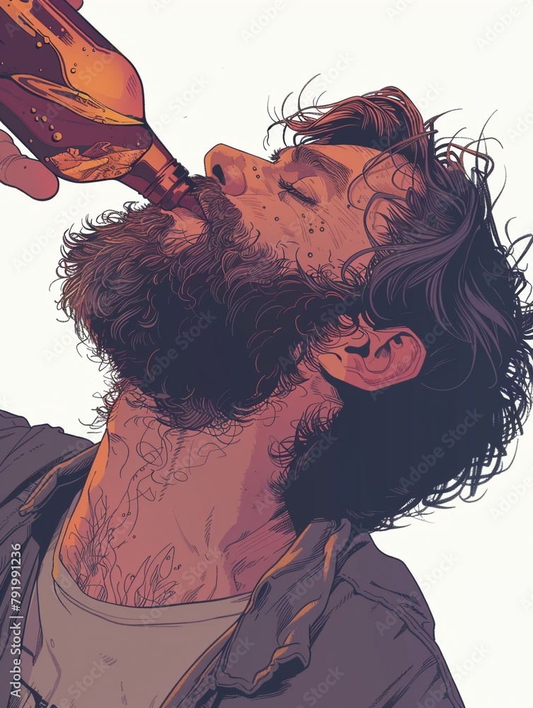 Intimate Sip A cartoon drawing of a bearded man enjoying a drink from ...
