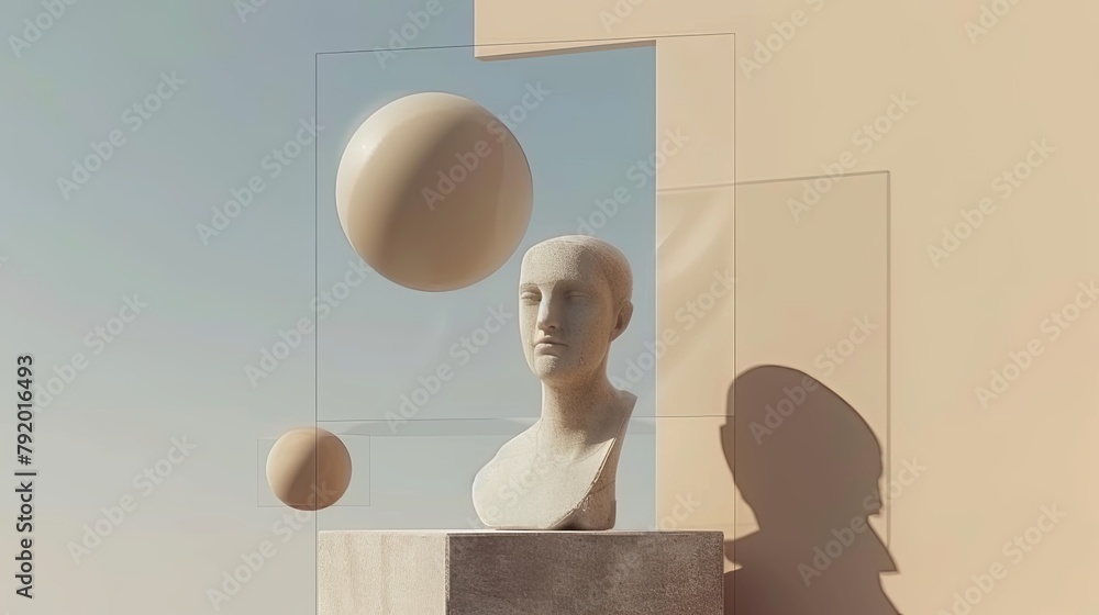 Artistic composition with floating balls and sculpted male head in ...