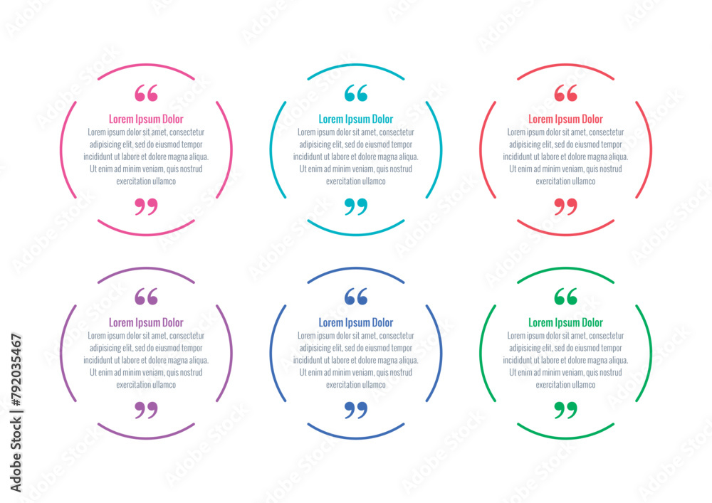 Text with six colored double quotation marks in a circle. quote concept ...