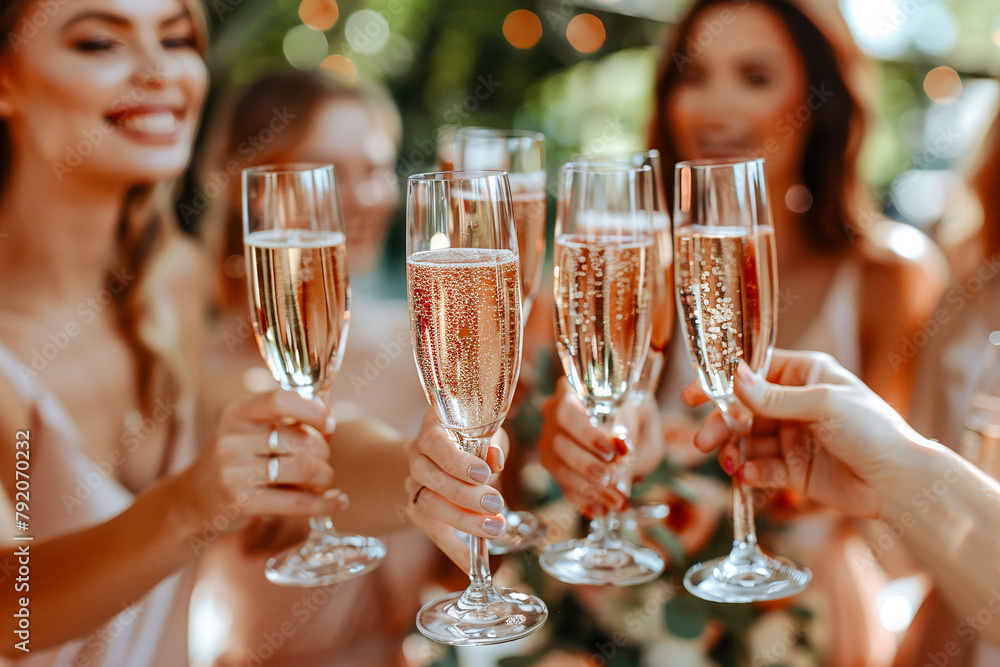 Champagne Sparkling wine Prosecco is poured into Glasses afterward and ...