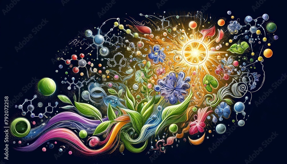 The illustration visualizes the intricate process of photosynthesis as ...