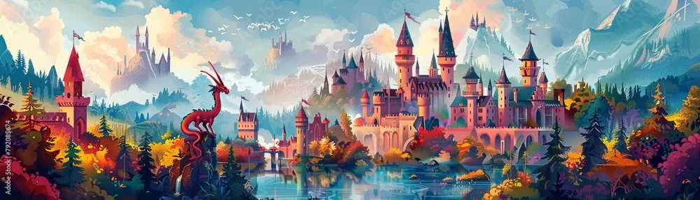 Vector illustration of a storybook kingdom, with castles, dragons ...