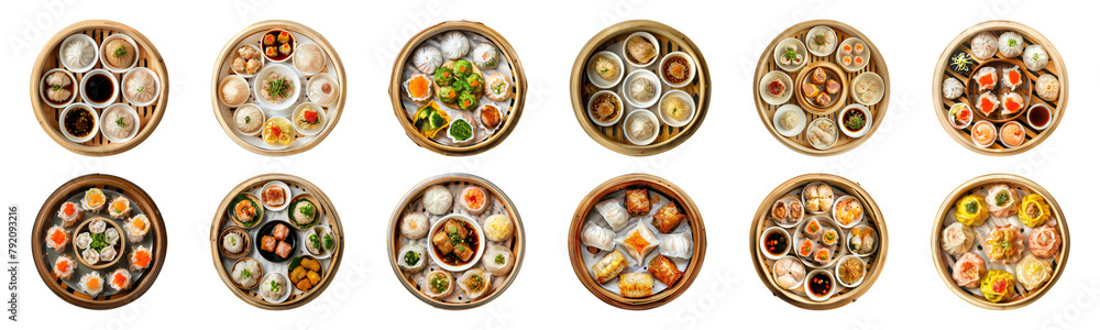 Assorted Chinese dim sum in bamboo steamers, a delicious variety cut ...
