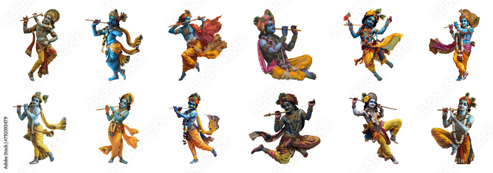 Diverse depictions of Lord Krishna in vibrant statues cut out png on ...