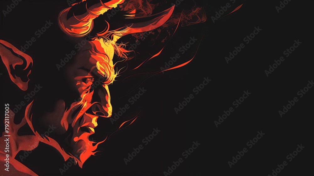 furious devil face profile silhouette with copy space black background ...