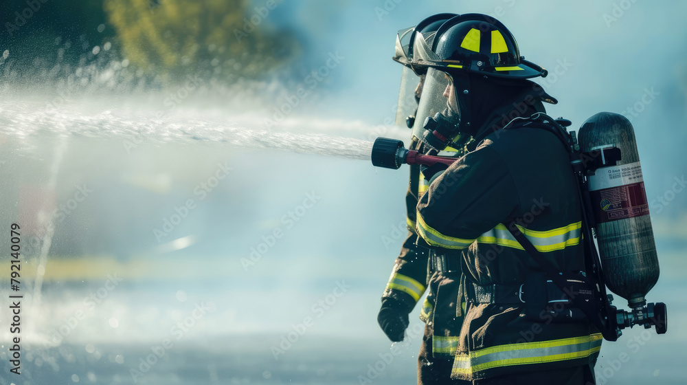 Firefighters are on duty while wearing full uniforms and spraying water ...
