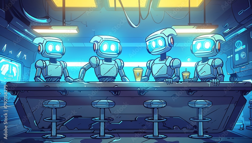 A wide shot of a bustling robot cafe, where robots serve refreshments ...