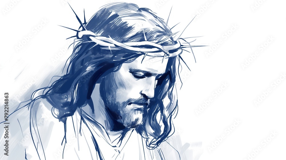 Jesus Christ with eyes closed, a crown of thorns, invoking reflection ...