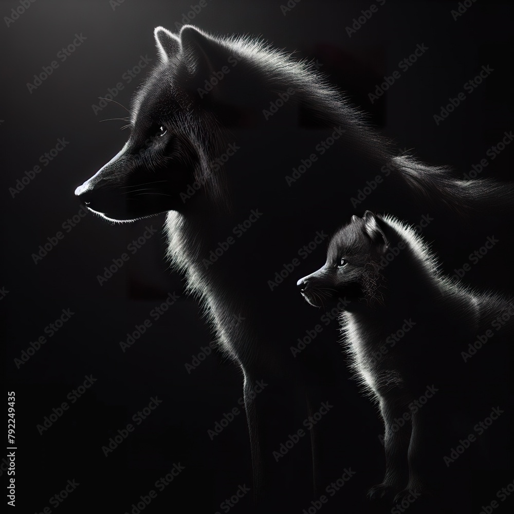 Black background Rim light a wolf mother and her baby in profile ...