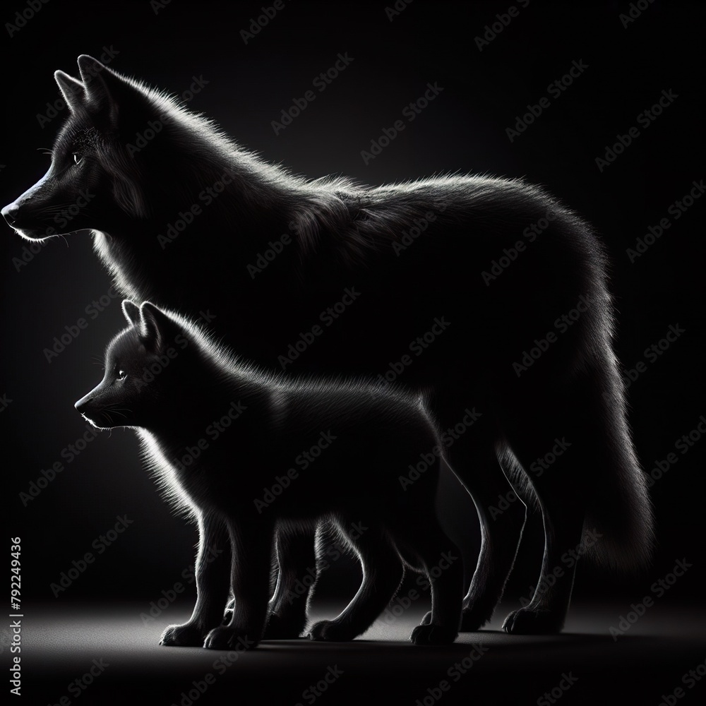Black background Rim light a wolf mother and her baby in profile ...