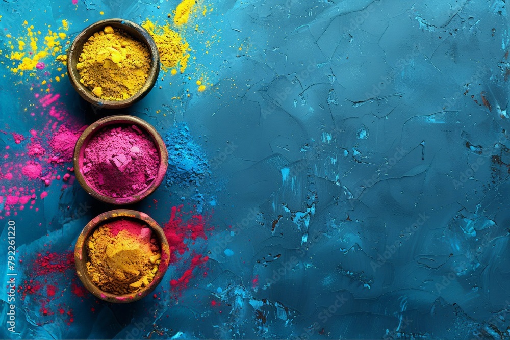Holly's multicolored powder paints in clay cups on a dark textured blue ...
