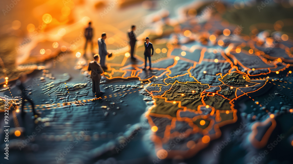 Miniature Figures on Detailed World Map Highlighting Global Interaction ...
