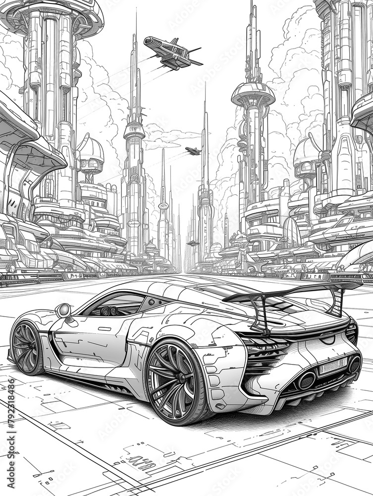 Car racing coloring page in the future city. Hand drawing sketch ...