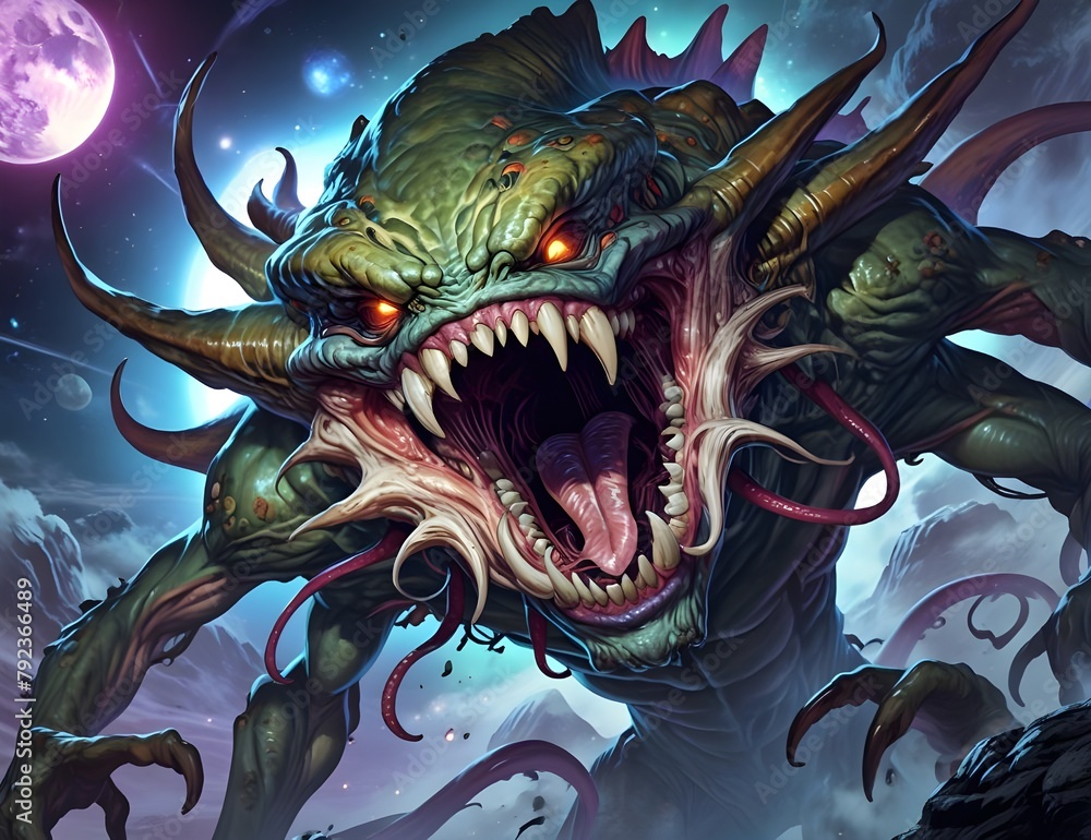 Fantastic evil alien monster from another planet with scary fangs ...