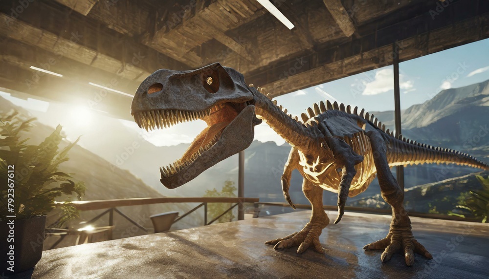 Dinosaur skeleton of a T-Rex on display in a natural history museum ...
