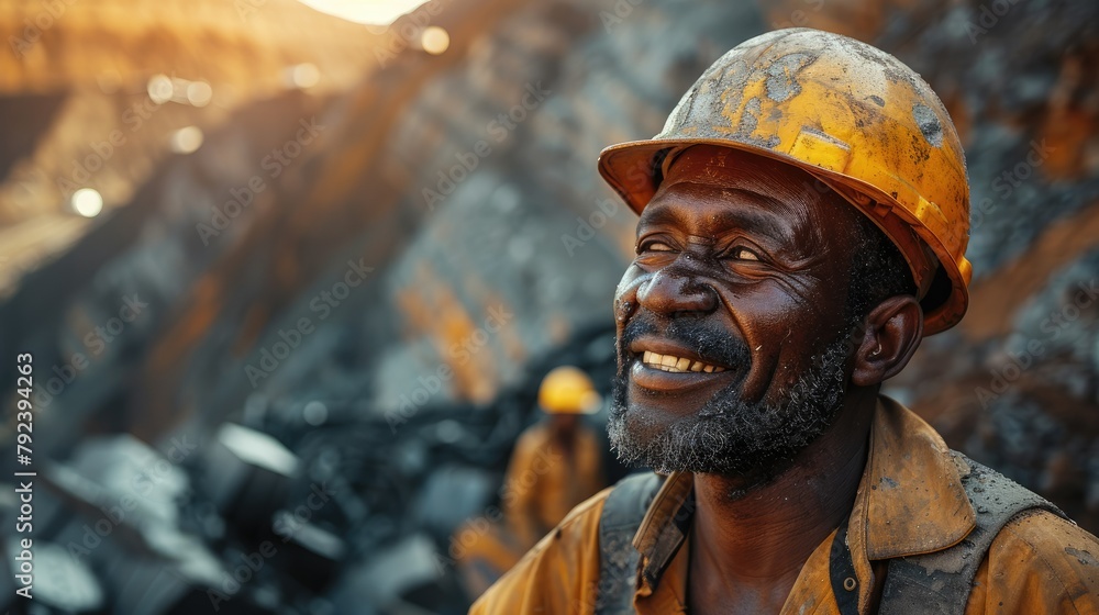 ภาพถ่าย Stock Smiling black South African miner looking downwards ...