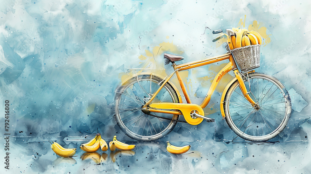 watercolor illustration of yellow bike with bananas in the basket ...