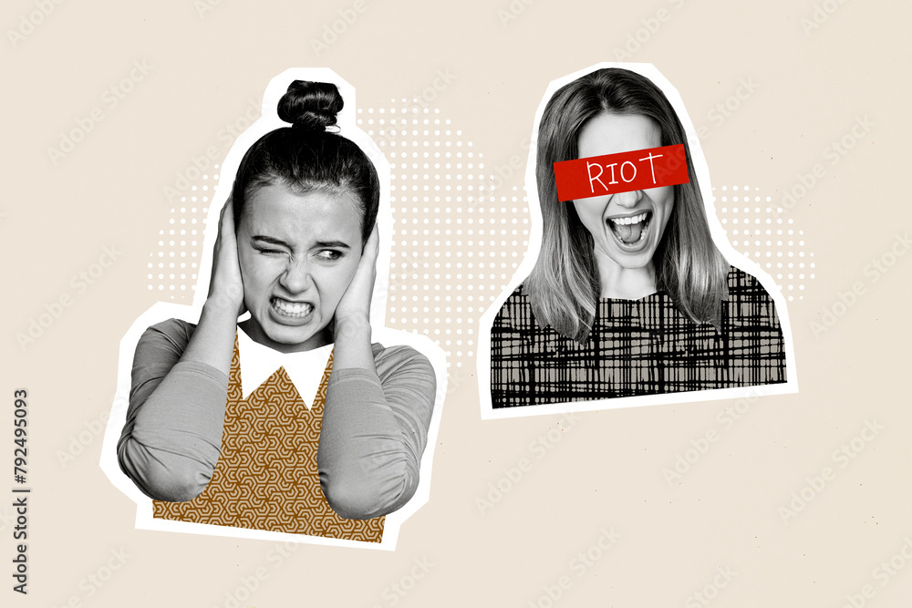 Composite photo collage of scared girl shut ears noise scream lady hate ...