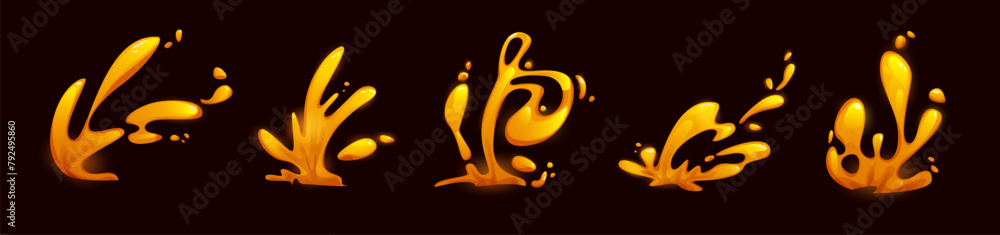 Volcanic lava splashes set isolated on black background. Vector cartoon ...