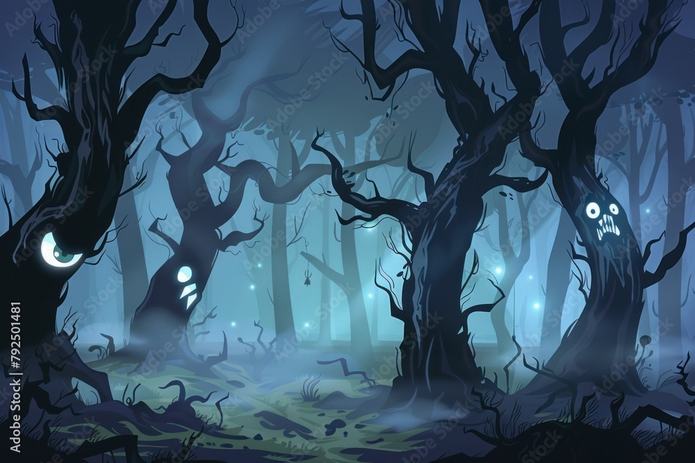 Cartoon cute doodles of a spooky haunted forest with gnarled trees, swirling mist, and ...