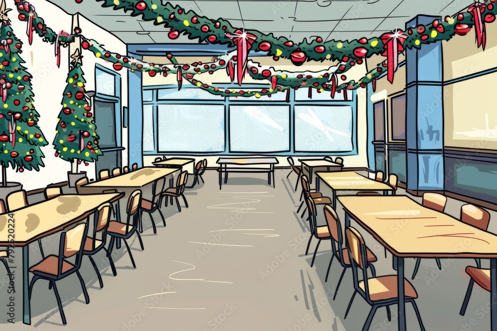 Cartoon cute doodles of an empty cafeteria during a holiday break with ...
