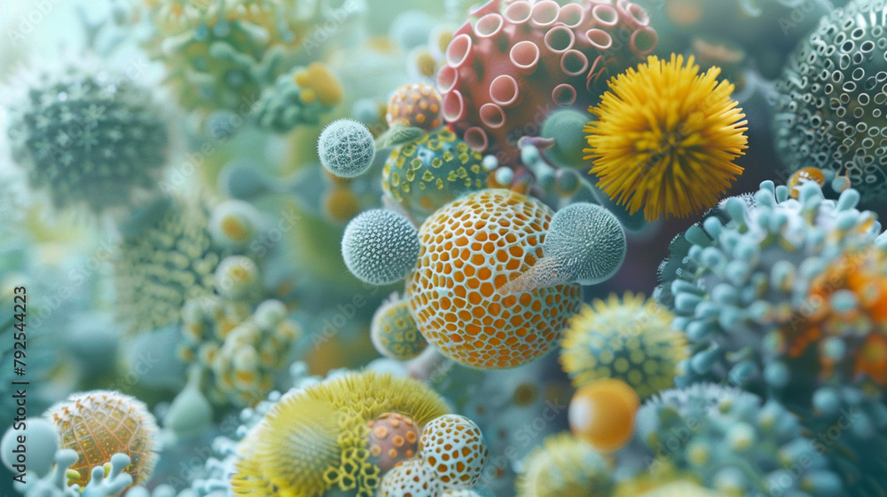 High-resolution image of pollen grains from different plants, showing ...
