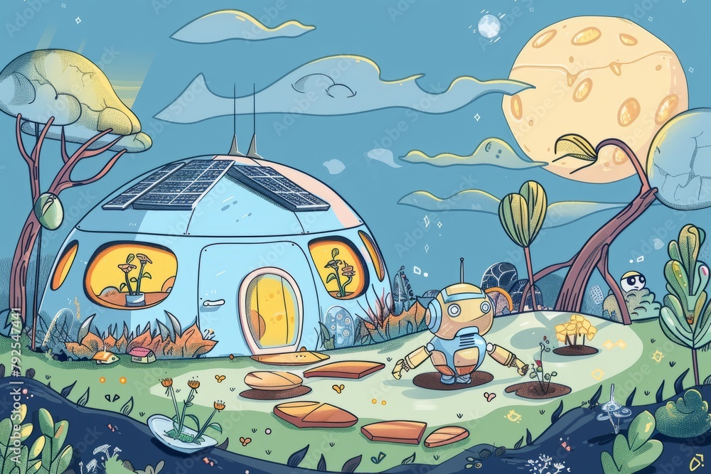 Cartoon cute doodles of a futuristic dome house with solar panels on ...