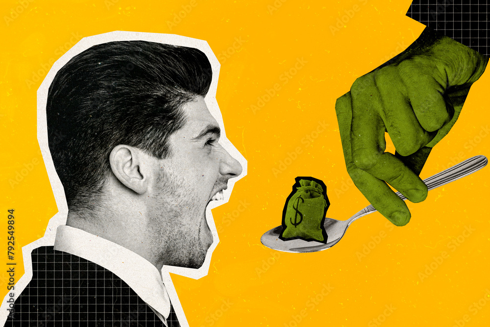 Collage artwork of handsome rich man open mouth eat money corruption ...